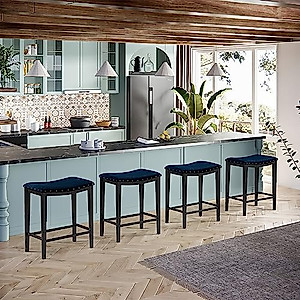 KATDANS Blue Bar Stools Set of 2 Counter Height 24 Inches Backless Barstools for Kitchen Counter Modern Saddle Stools Velvet Nailhead Upholstered Stools, KS718PBL, 2Pcs