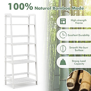 COSTWAY 4-Tier Ladder Shelf, 47.5'' Bamboo Plant Stand Rack, Freestanding Bookshelf, Multifunctional Plant Display, Storage Shelves, Flower Stand Rack Holder for Living Room Balcony, Bedroom (White)