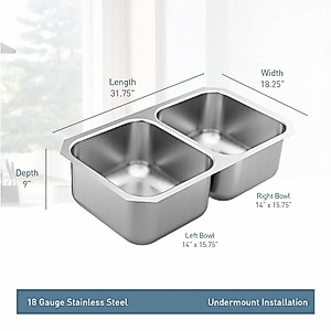 Moen GS18212 1800 Series 31.75-inch 18 Gauge Undermount Double Bowl Stainless Steel Kitchen Sink, Satin Stainless