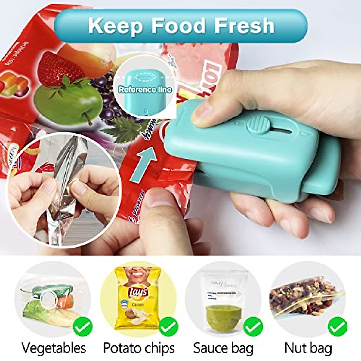 TYHJOY Mini Chip Bag Sealer, Handheld Heat Vacuum Sealer and Cutter, Portable Chip Bag Resealer Machine for Snack Plastic Fresh Bags Cookies - Green - 2xAA Batteries Included