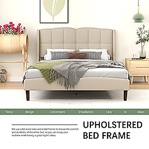 AGARTT Upholstered Platform Full Size Bed Frame with Geometric Headboard No Box Spring Required Anti-Slip Beige Linen