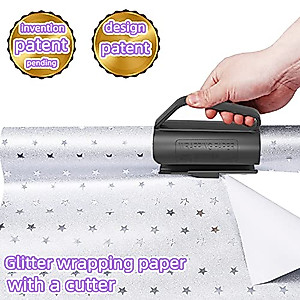 THMORT Glitter Wrapping Paper Roll with a Cutter Kit for Boys&Girls,Kids Babie Adults.17 Inch X 33 Feet Jumbo Rolls Glitter Princess Silver Stars Gift Birthday Wrapping Paper Roll for Baby Shower.