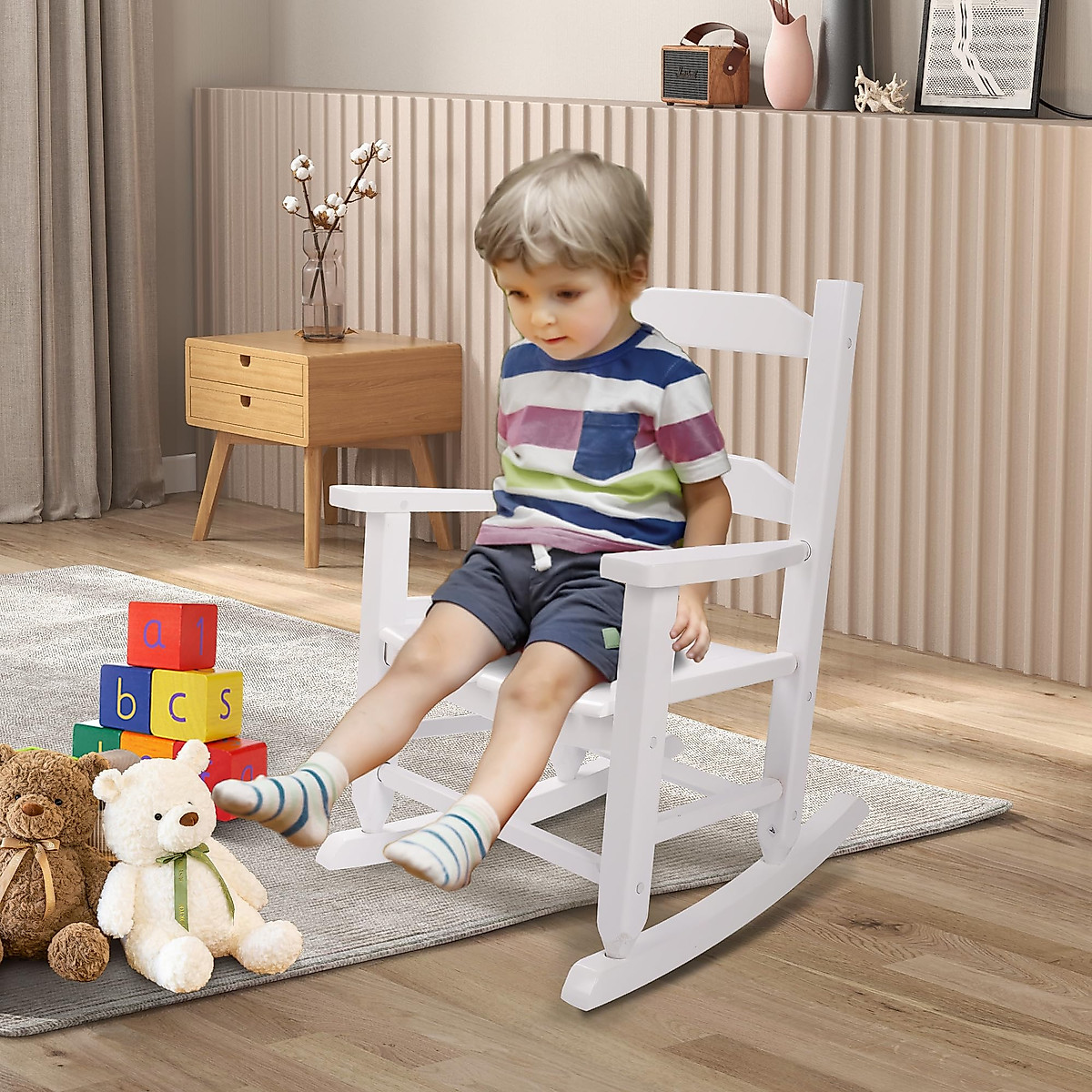 Hngilkoo Kids Wooden Indoor Rocking Chair for Toddlers Comfy Recliner Rocker for Baby Children Ages 3-6 Outdoor Lounge Chair Girls Playroom White