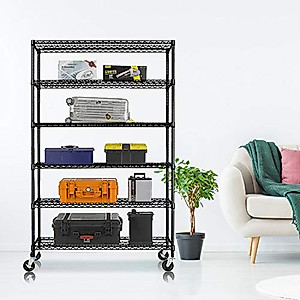 HCB 6-Tier Storage Shelf Heavy Duty Wire Shelving Unit 76"x48"x18" Height Adjustable Metal Steel Wire with Casters for Restaurant Garage Pantry Kitchen Rack (Black)