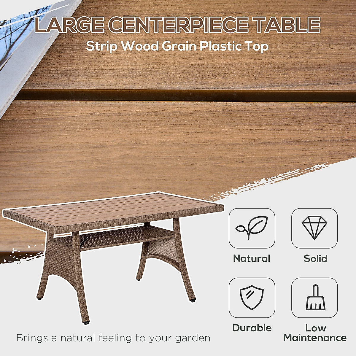 Outsunny Patio Furniture Set, 6 Piece PE Wicker Outdoor Furniture, Conversation Set with Ottomans, Table & Chairs, All Weather Sectional Sofa Couch, Blue Pillows, Khaki