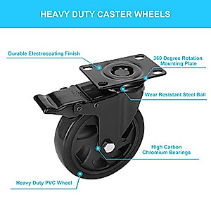 PRITEK 5 inch Caster Wheels Bearing 1800lbs 4 Pack Heavy Duty Rubber Plate Casters All with Safety Brake No Noise Lockable Swivel Casters (Include 16pcs Screws)