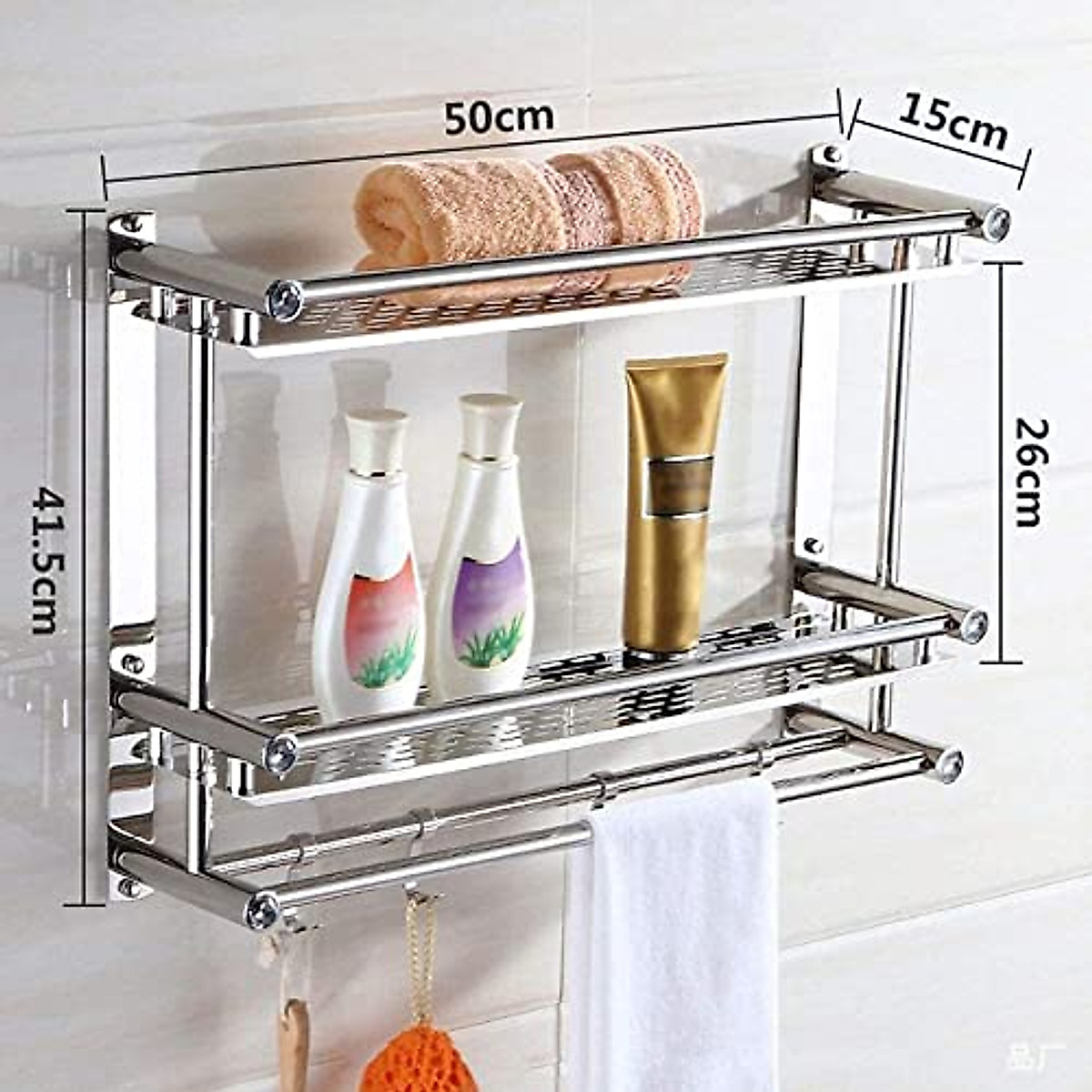 Generic Towel Rack Wall Mounted,Bathroom Wall Mounted Bath Shelf 304 Stainless Steel Storage Holders Multifunctional Rack Kitchen Holder with Hooks Hanging Washbasin Washroom Organiser