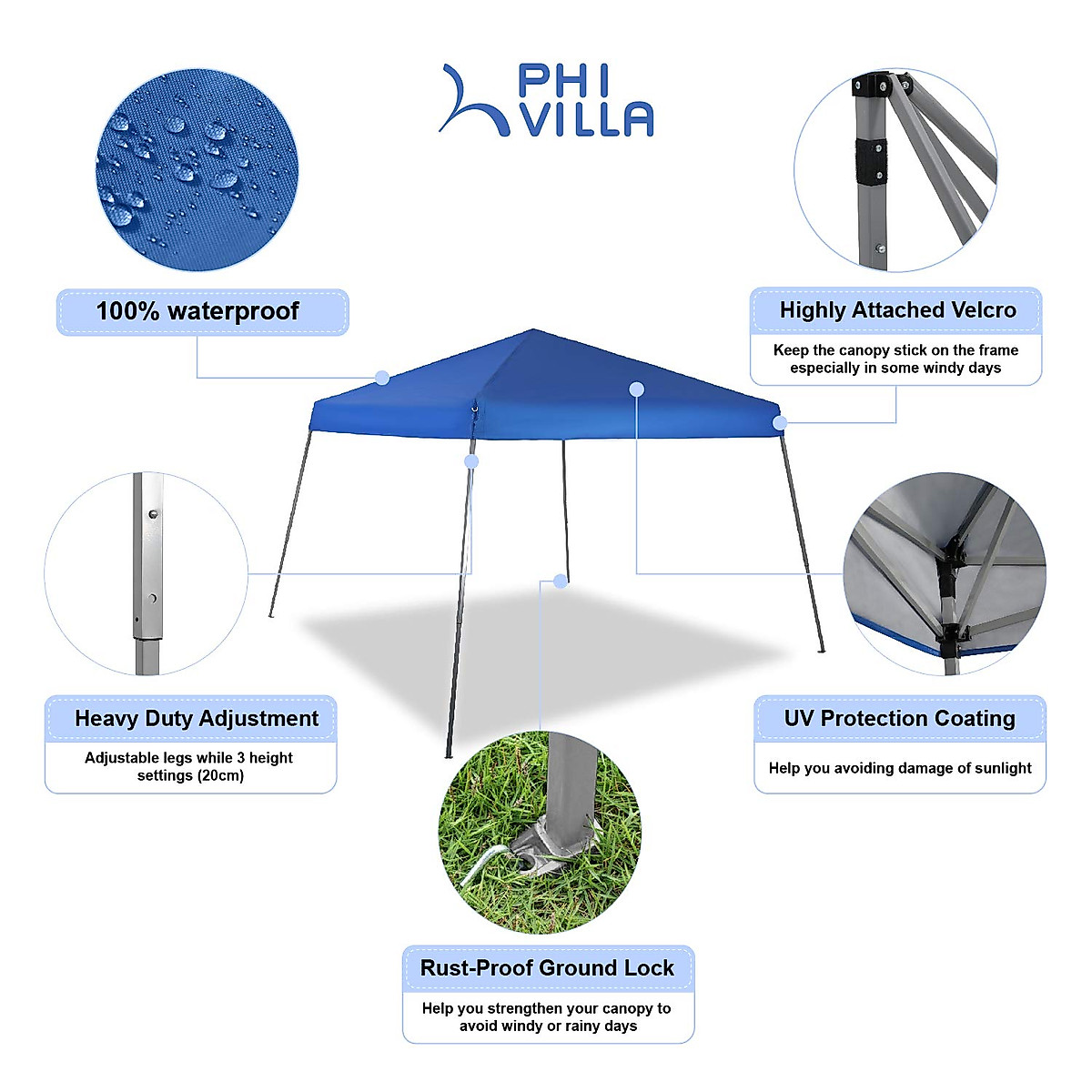 PHI VILLA 12'x12' Slant Leg UV Block Sun Shade Canopy with Hardware Kits, Shade for Patio Outdoor Garden Events, Blue