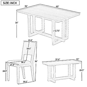 KoiHome Retro Support Design, 4 Chairs with Soft Cushions and a Wood Bench, Kitchen Home Room/Restaurant Furniture (Gray), 6-Piece Dining Table Set with H-Shaped Legs