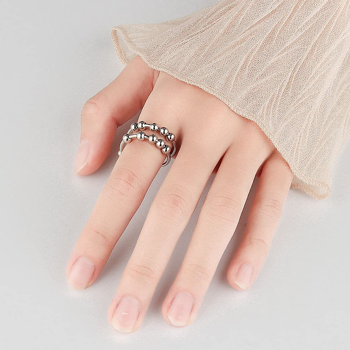 To My Daughter Fidget Rings ，Drive Away Your Anxiety Circle Beads Spinner Ring Adjustable Open Double Layer Ring Jewelry Gift for Mother Daughter (Silver)