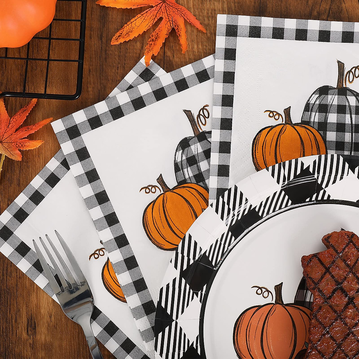 AnyDesign 80 Pack Fall Napkins 5 x 5 Inch Plaid Pumpkin Cocktail Beverage Napkins Fall Harvest Disposable Paper Napkins Dinner Napkins for Autumn Thanksgiving Party Supplies Table Decor