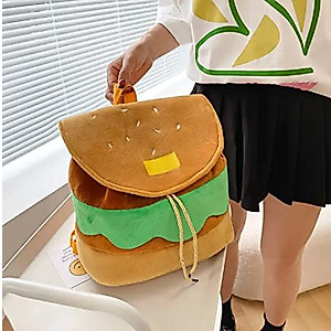 Hamburger Design Backpack Purse! Cute Front Flap Drawstring Bag! Cartoon Fluffy Lightweight School Bookbag! (Large)