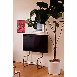 zeitgeist TV Stand Modern Minimalist w/Shelf Floor Stand Metal up to 65 inch for Corner, Living, Studio. Height Adjustable Mount, Portable. w/HDMI, Antenna, Power Cable pre-Installed. Brass Gold