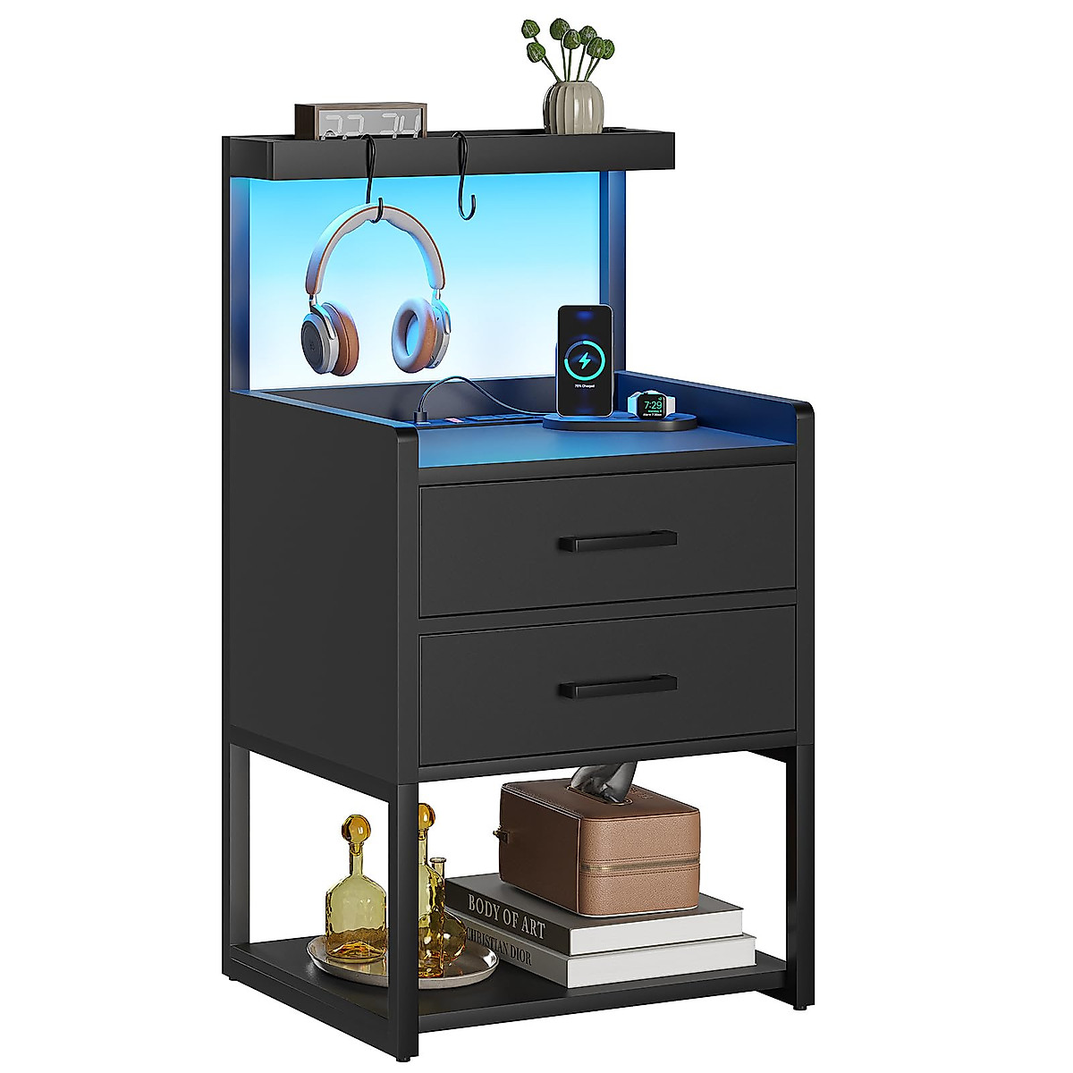 MSmask Black Night Stand with Charging Station, LED Night Stand with 2 Drawers and Open Storage Shelves, Modern Bedside Table with USB Ports&Outlets, End Side Table for Bedroom, Dorm