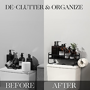 Marmolux Matte Black Single Shelf Over Toilet Storage - Screwless Design Space Saving Bathroom Toilet Organizer for Over The Toilet Shelf - Matte Black with Black Marble Shelf