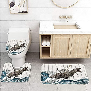 Boziqr Funny Cat Shower Curtain Set - Cute Cat Riding Dinosaur, Ocean Wave Bath Mat, Contour Mat, Toilet Lid Cover