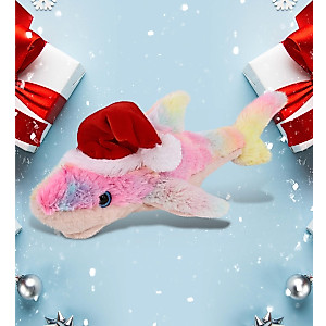 DolliBu Santa Rainbow Shark Stuffed Animal Plush Toy - Super Soft Wild Animal Dress Up with Red Santa Claus Hat, Cute Wildlife Gift, Perfect Holiday with Name Personalization - 14 Inch