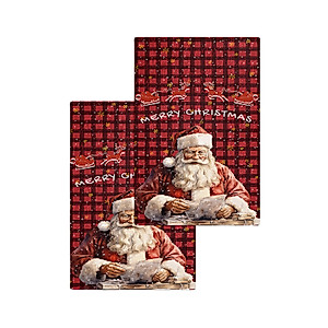 Onekaccu Watercolor Santa Claus Dish Towels Set, Waffle Weave Kitchen Towels Microfiber Towels Cleaning Christmas Elk Snowflake Red Soft Absorbent Dish Drying Towels Hand Towels 2 Pack 15.7x23.6 in