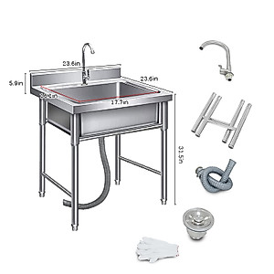 Stainless Steel Commercial Kitchen Sink Single Bowl 1 Compartment with Faucet Free Standing Utility Sink for Restaurant Kitchen Laundry Garage Indoor Outdoor (23.6"W x 23.6"D x 31.5"H)