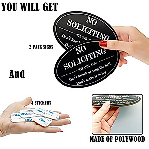 No Soliciting Signs for House, 2pack No soliciting Sign for Home- Printing on Wood, Self adhesive sticker at back, ideal for Front door, window, house,home, office. Black