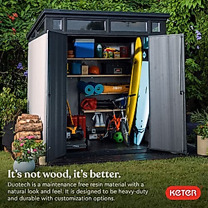 Keter Artisan 7x7 Foot Outdoor Shed with Floor-Modern Design for Patio Furniture Lawn Mower, Tools, and Bike Storage, Grey