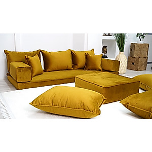 Gold Velvet Fabric Floor Seating, Sectional Sofa, Velvet Floor Sofa, Meditation Sofa, Arabic Floor Sofa Set, Floor Couches (Sofa Full Set, 4'' Thickness Sofa)