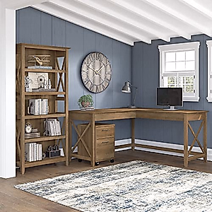 Bush Furniture Key West L Shaped Desk with 2 Drawer Mobile File Cabinet and 5 Shelf Bookcase, 60W, Reclaimed Pine