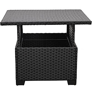 Outdoor PE Wicker Liftable Coffee Table - Patio Rattan Garden Furniture Multi-Functional Storage Tea Table, Black
