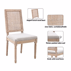 CIMOTA Farmhouse Dining Chairs Set of 2, French Rattan Dining Room Chairs with Rectangle Back/Distressed Wood Upholstered Vintage Side Chairs for Kitchen/Restaurant, Beige/2PCS