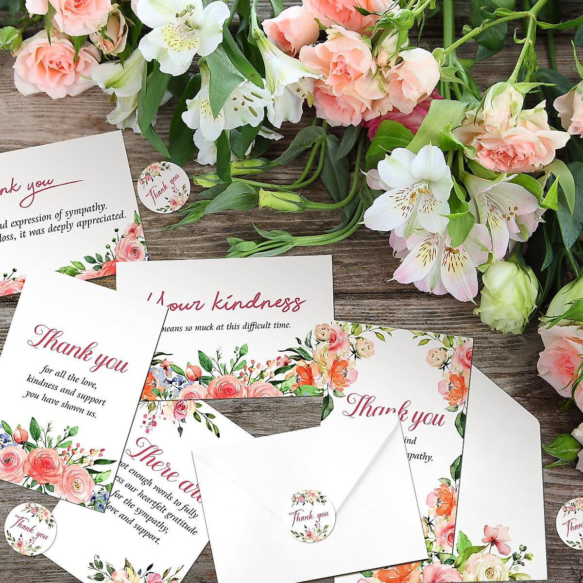 Jetec 100 Pack Pink Rose Funeral Sympathy Bereavement Thank You Cards with Envelopes and Stickers Bulk Greeting Cards for Family Loved Ones Bus Driver Wishes Holiday Celebration