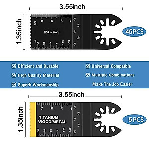 AIFICUT 50pcs Wood Plastics Metal Multitool Blades Titanium oscillating Saw Blades Quick Release Fit Dewalt Tools Bosch Porter Cable Black & Decker Rockwell Ryobi Milwaukee Chicago Craftsman Makita