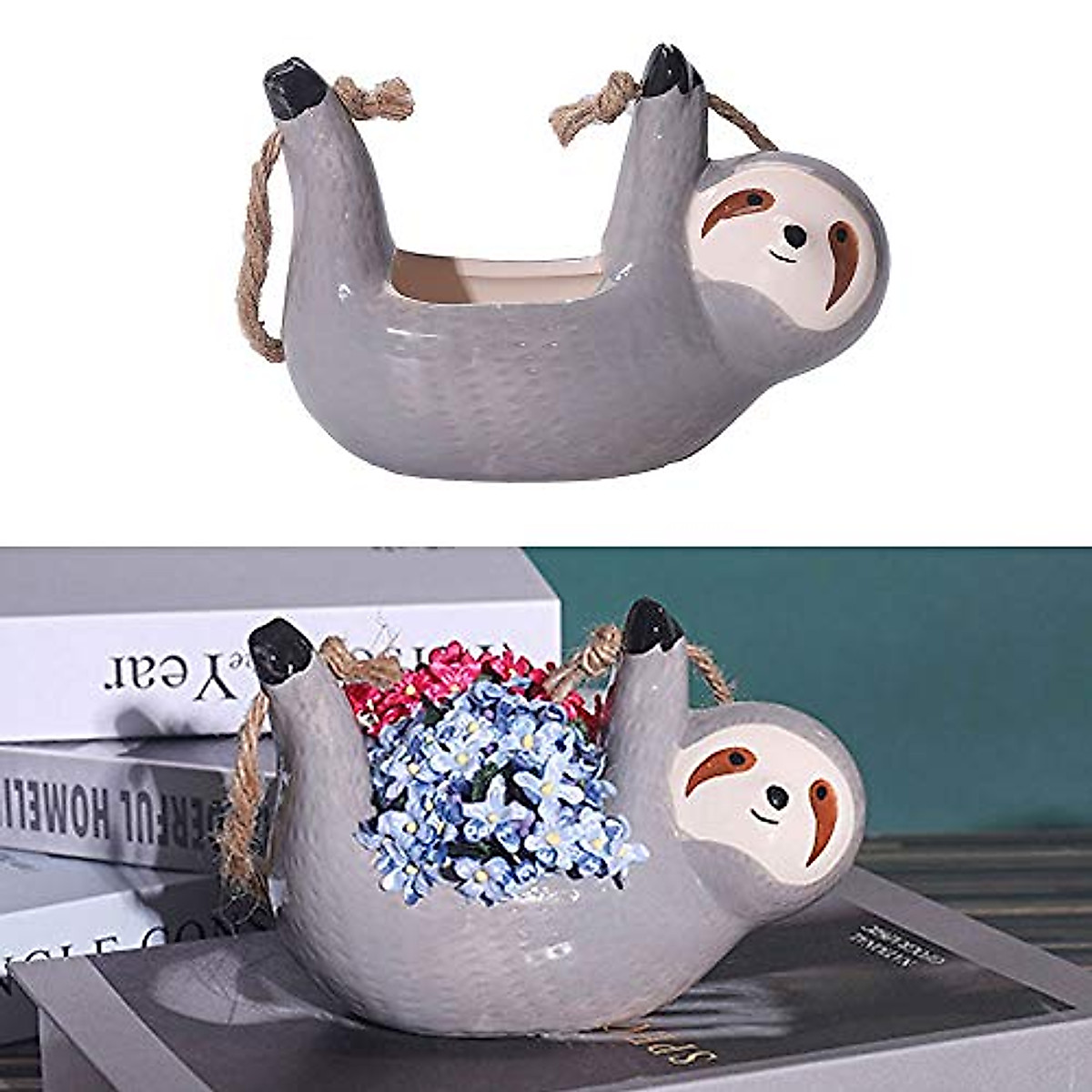 YHNJI Ceramic Sloth Hanging Planter Set of 2 Cute Flower Pot Planter Holder Adorable Plant Pots Hanging Bonsai Planter for Succulent Plants Home Decor