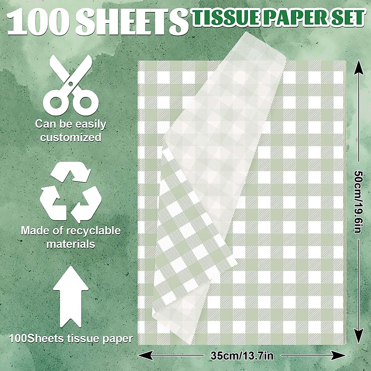 Whaline 100 Sheets Sage Green Buffalo Plaid Tissue Paper Mint Green Checkered Gift Wrapping Tissue DIY Art Craft Tissue Paper for Wedding Birthday Baby Shower Bouquet, 13.7 x 19.6 Inch