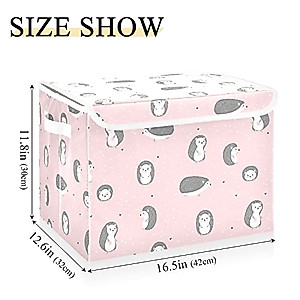 Ollabaky Cute Smiling Hedgehogs Pink Foldable Storage Bin with Lid Storage Box Large Cube Organizer Containers Baskets with Handles for Closet Organization, Shelves, Toys, Clothes