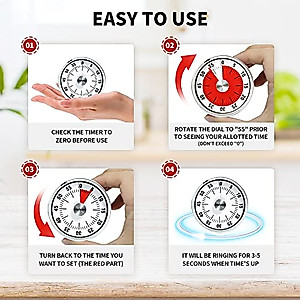 Mechanical 60-Minute Kitchen Timer with Stainless Steel Face and Magnetic Back, Visual Timer for Kids, Toddlers, Teachers, Time Management Tool for Study, Cooking, Baking