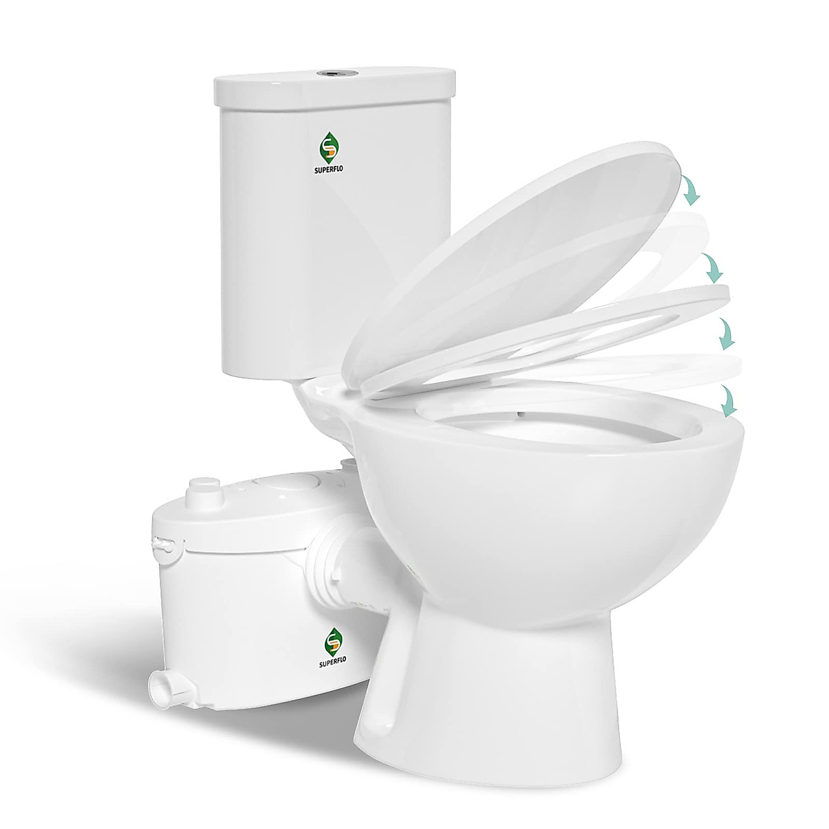 SUPERFLO Macerating Toilet System Silent & Powerful Upflush Toilet to Bathroom Sink &Tub with 600W Toilet Pump & AC Vent for Basement