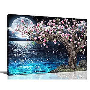 Magnolia Tree Wall-Art For Bedroom - Pink And Blue Wall Decor - Moon Framed Canvas Art Picture 16" x 12"