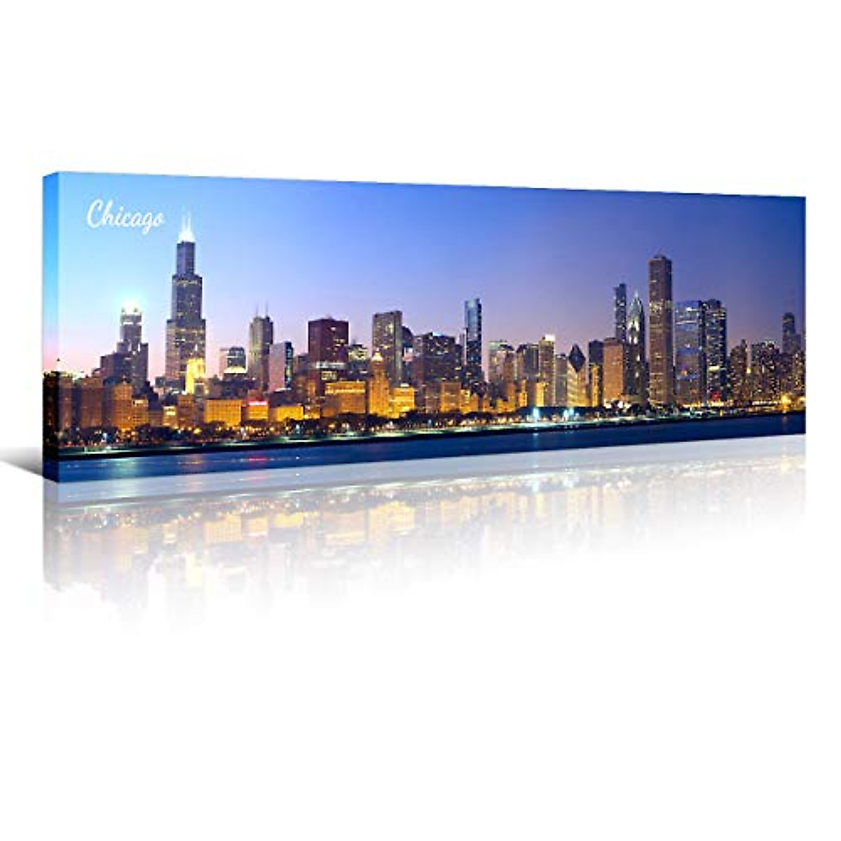 Chicago Skyline Wall Art for Living Room Cityscape Canvas Modern Home Decor Panorama Pictures City Building House Decorations Skyscraper Artwork Night View Posters and Prints 12x46 Inch 1 Panel