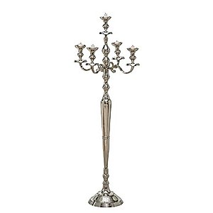 WHW Whole House Worlds Romantic Hamptons Oversized 5 (Five) Candle Silver Candelabra, Hand Crafted of Silver Aluminum Nickel, Over 3 FT High, (41.25 Inches) Free Standing Floor Unit