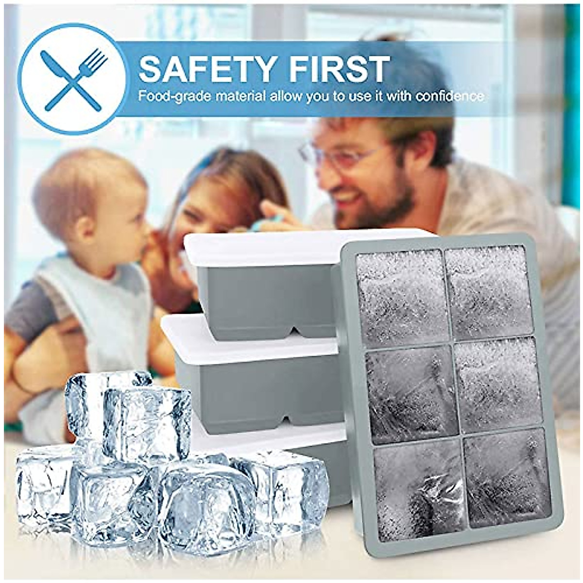 Ice Cube Tray With Lids Large Size Silicone Flexible 6 Cavity Ice Maker for Whiskey and Cocktails or Homemade, Keep Drinks Chilled Reusable and BPA Free 2 Pack