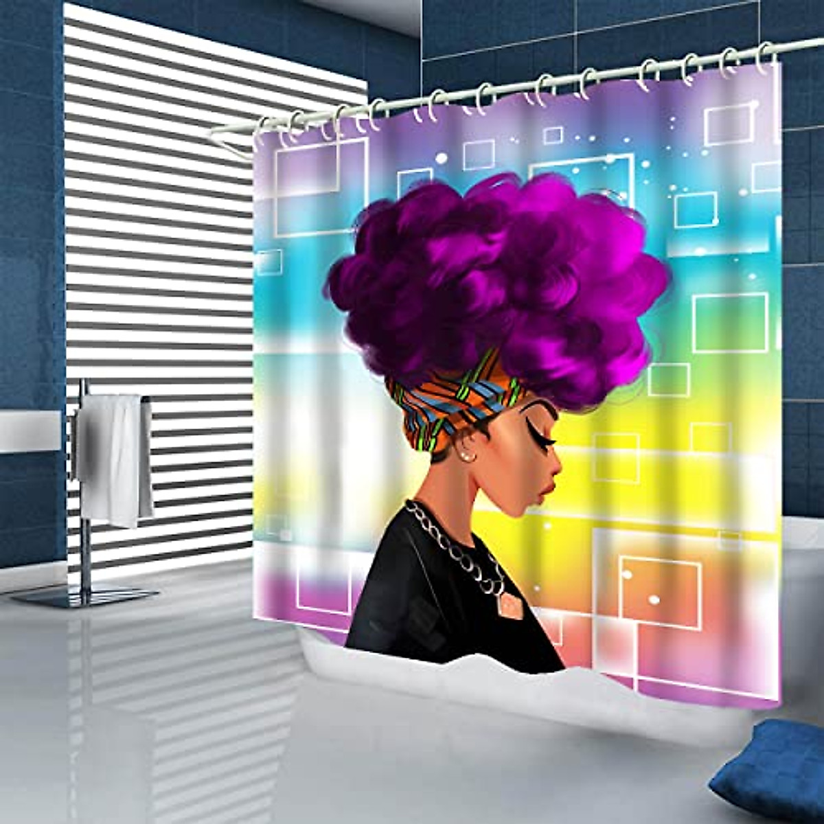 Black African Girl Bathroom Sets with Shower Curtain and Rugs, African American Shower Curtains Set for Bathroom, Shower Curtain Set with Hooks and Toilet Lid Cover(Violet)