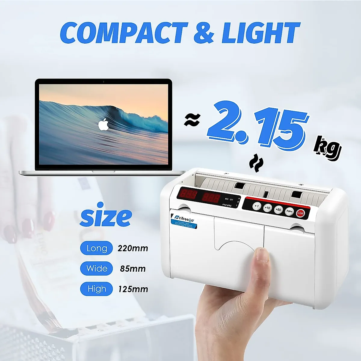 Frifreego Battery Operated Bill Counter Machine, Portable Rechargeable Money Counter with UV MG Detection, 800pcs/min Counting Speed, Take Anywhere with A Backpack for Multi-Currency Or Tickets