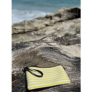 Scout + Ochre Neoprene Swimsuit Bag Pouch with Zipper - Waterproof Wet Bag for Swimwear, Diapers, Cosmetics, Travel Toiletries - great for Beach, Pool, Strollers, Gym - 11.5x8in (Yellow White Stripe)