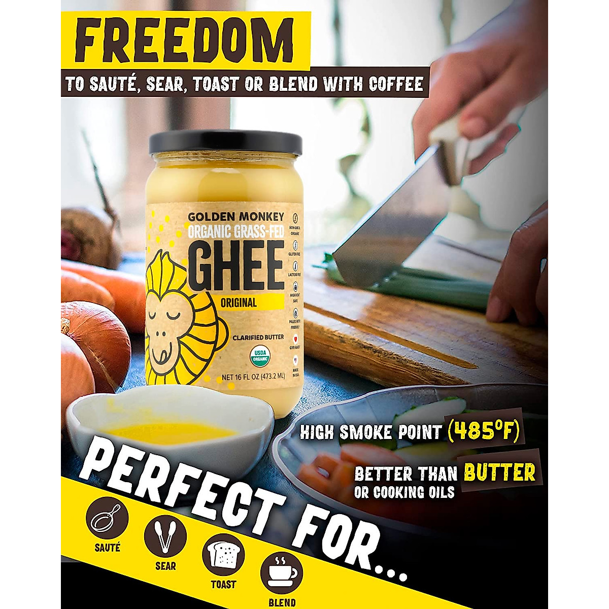 Organic Ghee Butter Grass Fed Clarified – 16 Oz Ghee Butter – Unsalted Butter Certified Organic Ghee Oil – Perfect for Paleo, Keto, Lactose & Gluten Free Diet