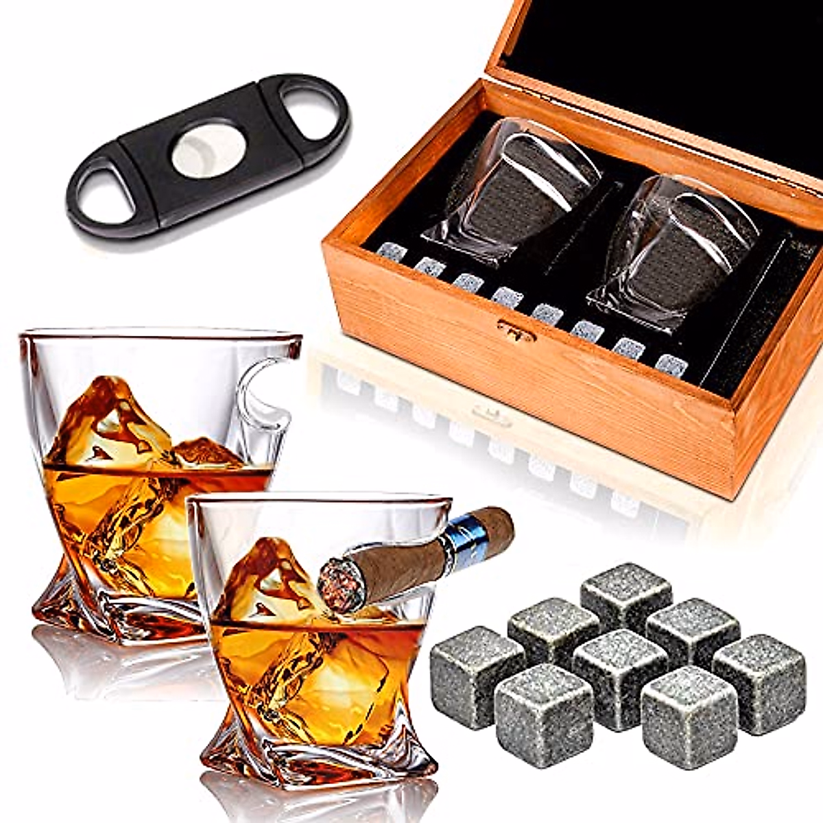 Bezrat Old Fashioned Whiskey Cigar Glasses With Side Mounted Cigar Holder + Whisky Chilling Stones and accessories in Wooden Box - Scotch Bourbon Set for Dad, Husband, Fathers Day, Birthday Gift Set