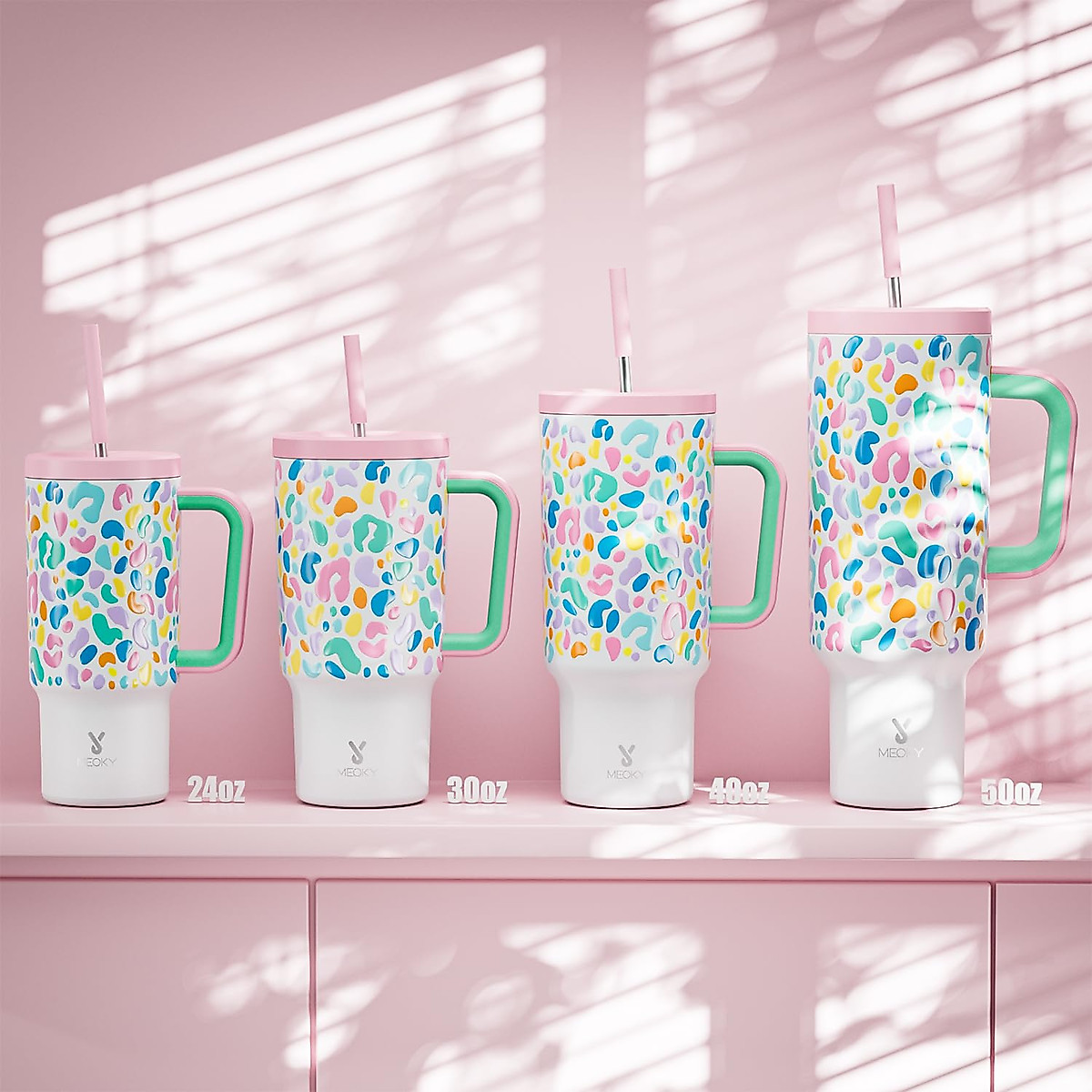 Meoky 24 oz Tumbler with Handle and Straw, 100% Leak-proof Tumbler with Lid and Straw, Insulated Stainless Steel Travel Coffee Mug, Keeps Cold for 24 Hours (Leopard)