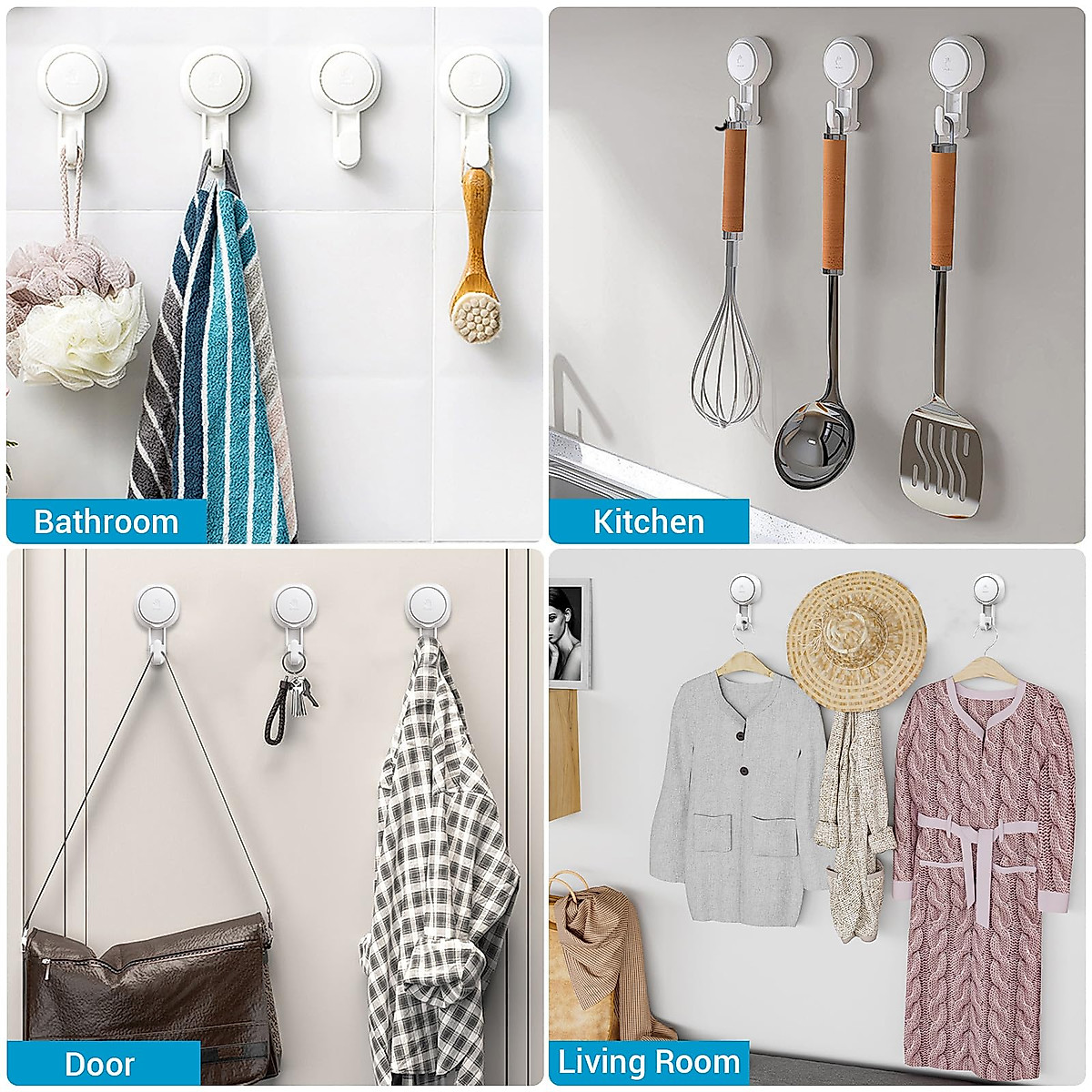 LUXEAR Suction Hooks Powerful Vacuum Suction Cup Hooks- Heavy Duty Shower Hooks Waterproof Suction Hanger for Bathroom Kitchen Towel, Robe, Loofah Removable and Reusable Hooks for Bags Coat (2 Pack)