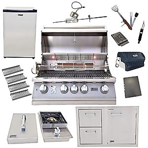 Lion 32-Inch Natural Gas Grill L75000 with 4 Ceramic Tubes w/ Flame Tray and Door and Drawer Combo and Single Side Burner and Refrigerator and 5 in 1 BBQ Tool Set Best of Backyard Gourmet Package Deal