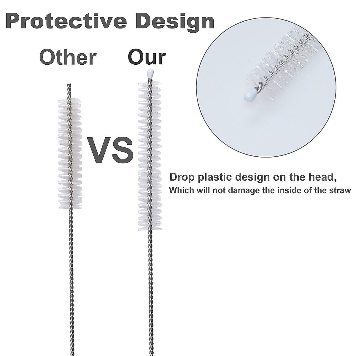 Straw Cleaner Brush, Extra Long Nylon Bristles and Stainless Steel Handle Cleaning Brushes for Washing Glass Silicone Metal Straws Tea Pot Spout Bottle (Only 2 pcs, 7.87inch X 5/16inch)