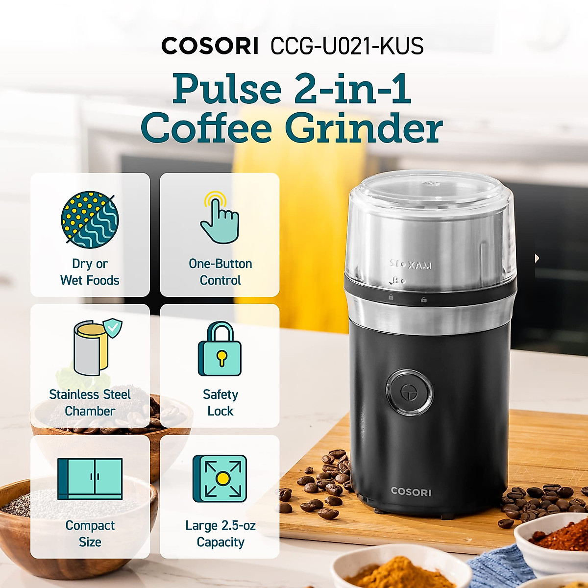 COSORI Electric Coffee Grinders for Spices, Seeds, Herbs, and Coffee Beans, Spice Blender and Espresso Grinder, Wet and Dry Grinder, Included 2 Removable Stainless Steel Bowls, Black